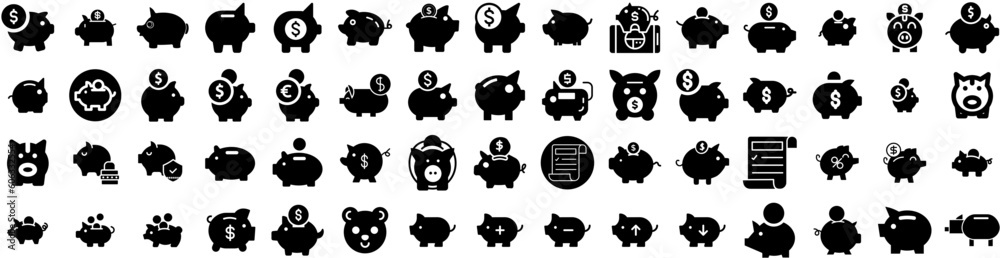 Set Of Piggy Icons Isolated Silhouette Solid Icon With Bank, Pig, Coin ...