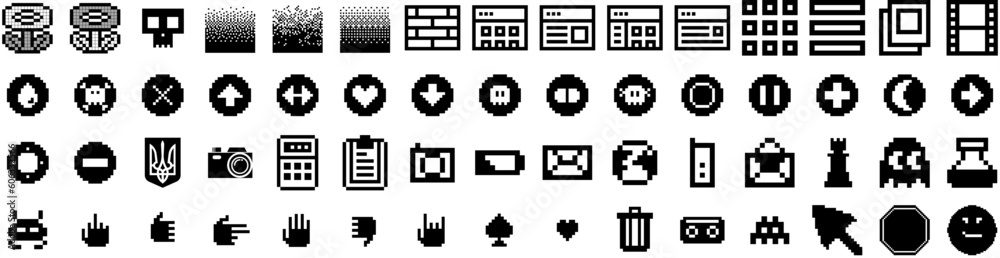 Set Of Pixel Icons Isolated Silhouette Solid Icon With Illustration ...