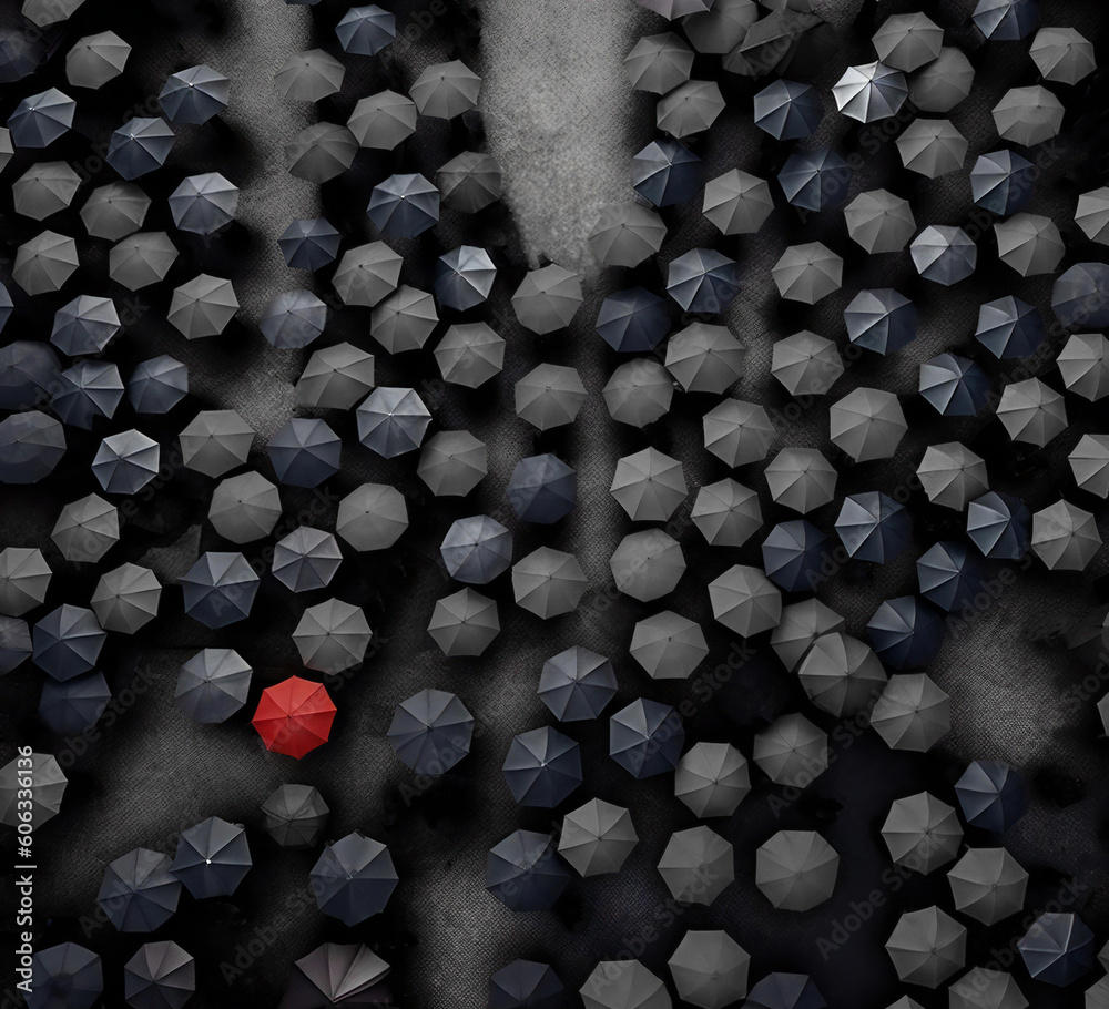aerial view of umbrellas. One is red and different from the others ...