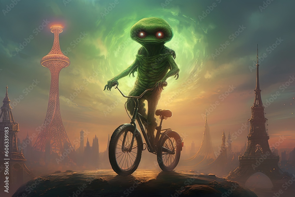 Gelatinous alien creature with glowing antennae, riding a unicycle of ...
