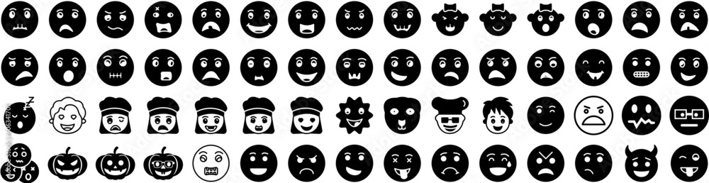 Set Of Emoticons Icons Isolated Silhouette Solid Icon With Set ...