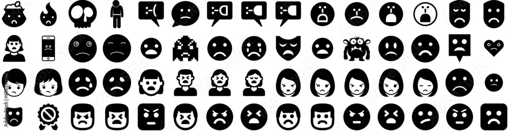 Set Of Unhappy Icons Isolated Silhouette Solid Icon With Sad, Woman ...
