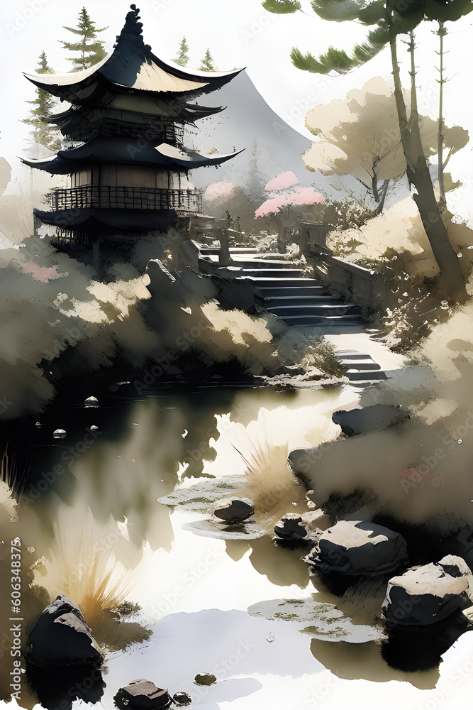 Japanese landscape in watercolor with a fairy garden feel and a muted ...