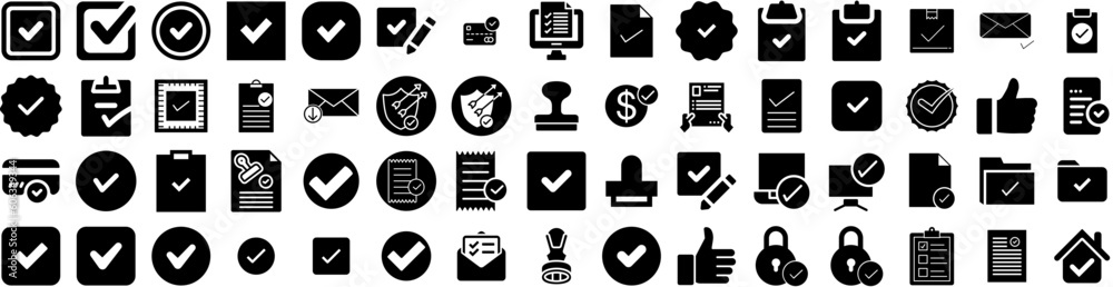 Set Of Approved Icons Isolated Silhouette Solid Icon With Seal, Stamp ...