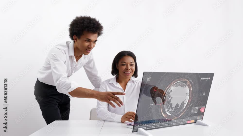 Vidéo Stock Satellite engineers making a discovery in their field, high ...