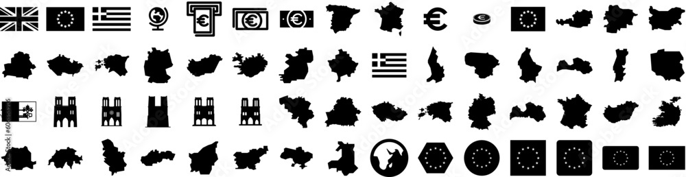 Set Of Europe Icons Isolated Silhouette Solid Icon With Country, Map ...