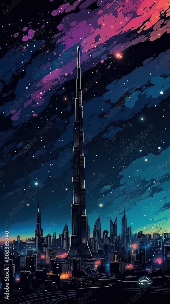 illustration of Night Dubai skyline. illustration of Dubai city in ...