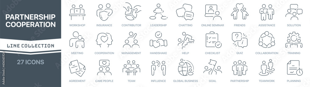 Partnership and cooperation linear signed icon collection. Signed thin ...