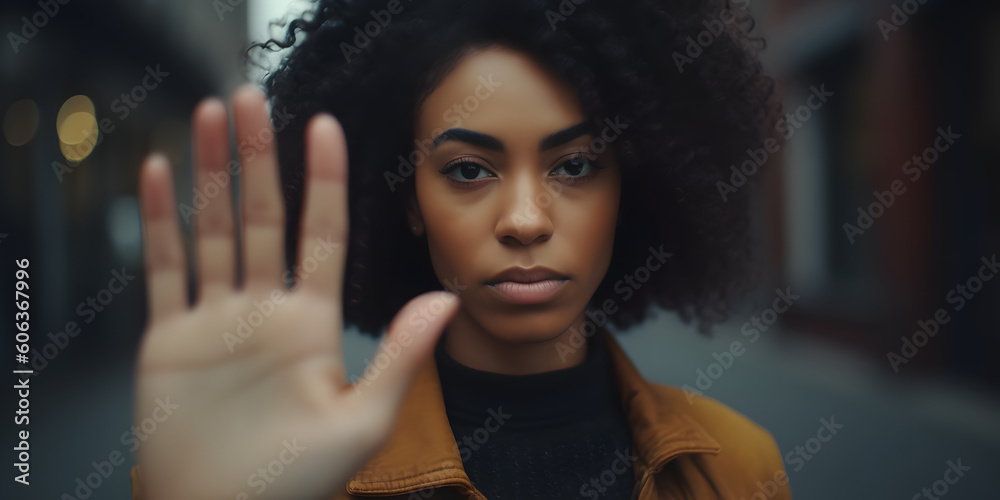 Assertive Woman Displaying Stop Gesture With Prohibition Symbol