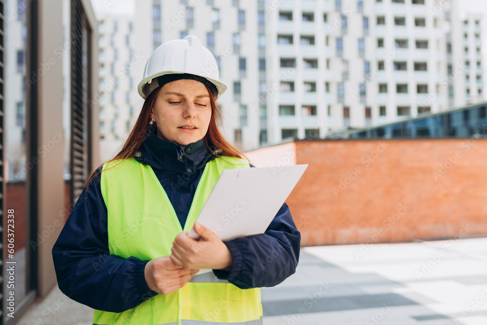 Architect with paper folder with documents at a construction site ...