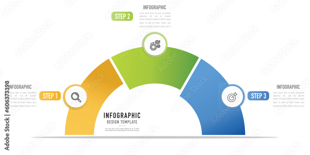 Semicircular infographic template or element with 3 step, process ...
