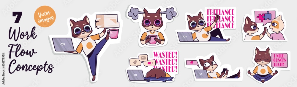 Workflow cat stickers concept with character situations set. Cute cat ...