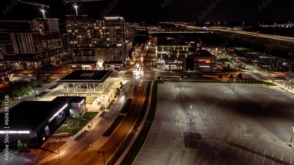 Drone timelapse of downtown Markham, ON nightlife revealing skyline ...