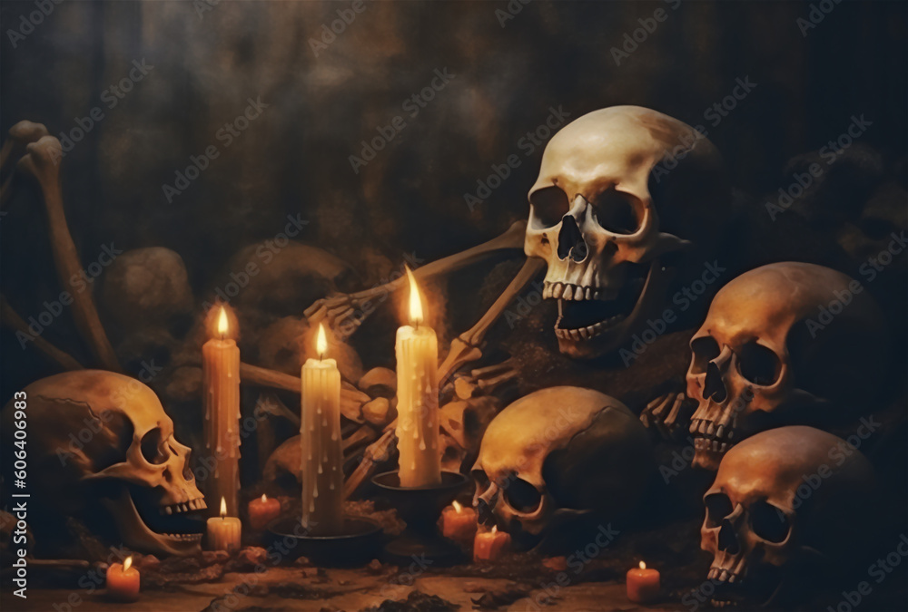 skulls with candle background in black satanic cults, in the style of ...