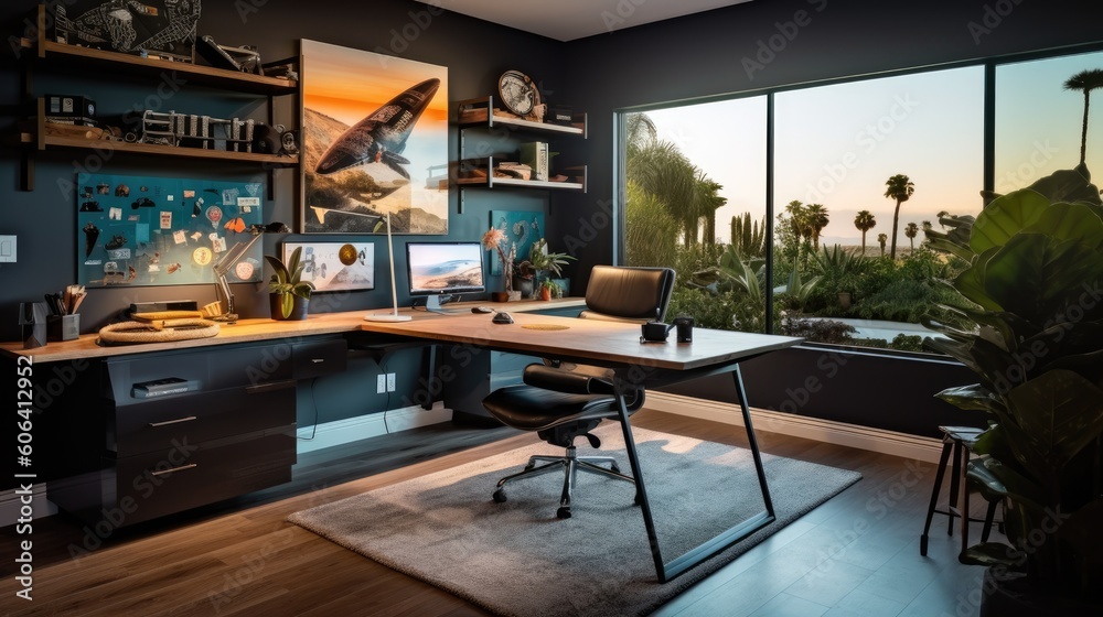 A professional home office design with a sleek glass desk, ergonomic ...