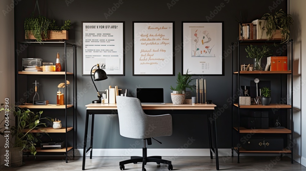 A professional home office design with a sleek glass desk, ergonomic ...