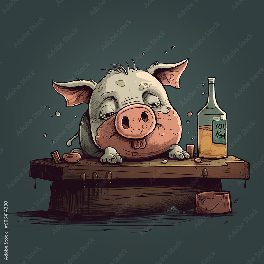 Drunk pig alcoholic with glass of whiskey. AI generation.. Stock Illustration | Adobe Stock