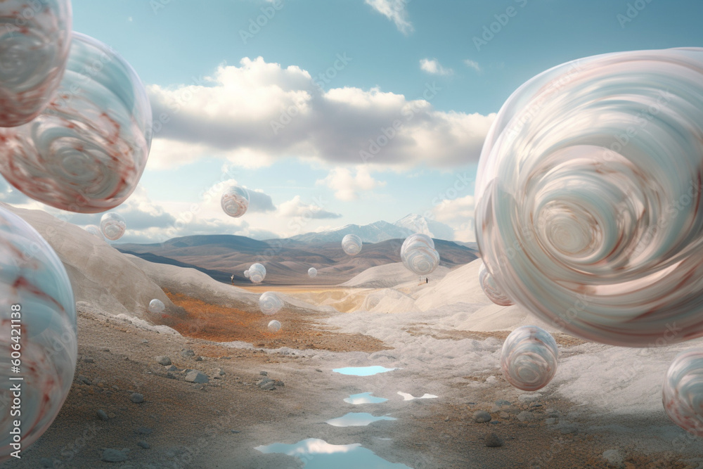 a surreal landscape where wind takes tangible form, with floating orbs ...
