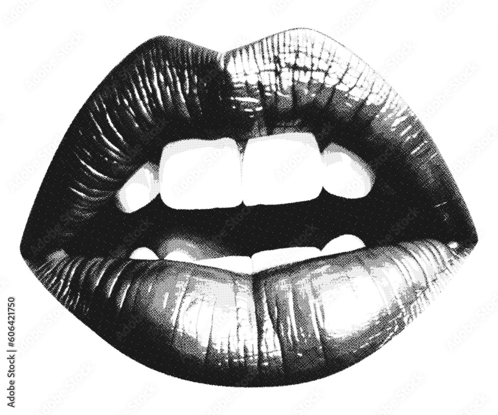 Hand drawn mouth, lips. Retro halftone collage element. Vector ...
