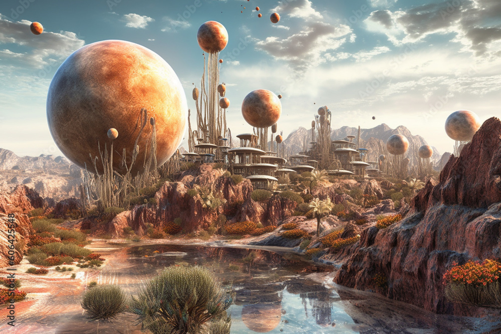 An abstract mixed-media artwork depicting a surreal desert landscape ...