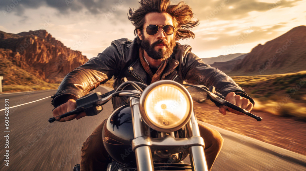 Caught in a vintage photograph, a cool macho man rules the scenic road ...