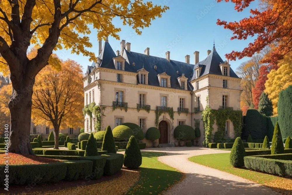 Illustration of a Renaissance architecture style French Castle in a ...
