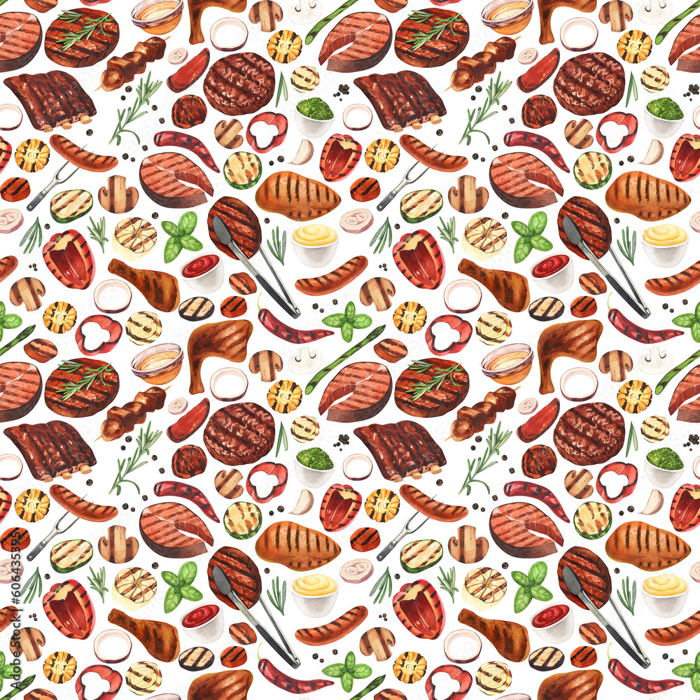 ภาพประกอบสต็อก Watercolor seamless pattern barbecue. Elements for ...