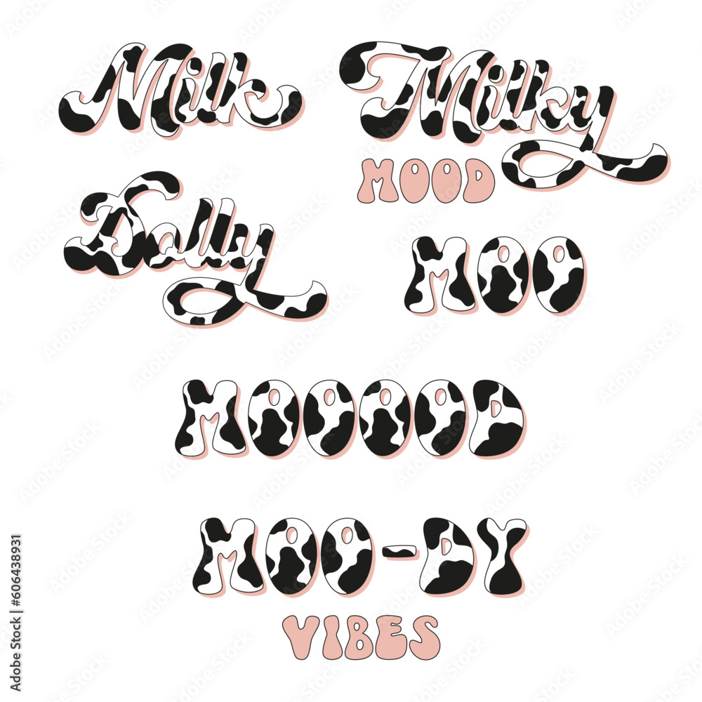 Milk Cow Moo text with cow print clipart set isolated on white. Stock ...