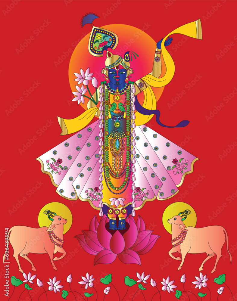 Shrinathji or Lord Krishna as Pichwai folk painting Stock Vector ...