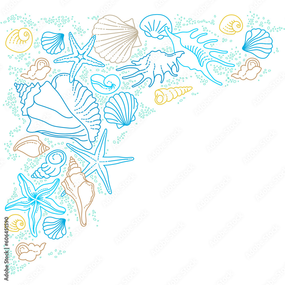Corner illustration, pattern of line art tropical sea elements ...