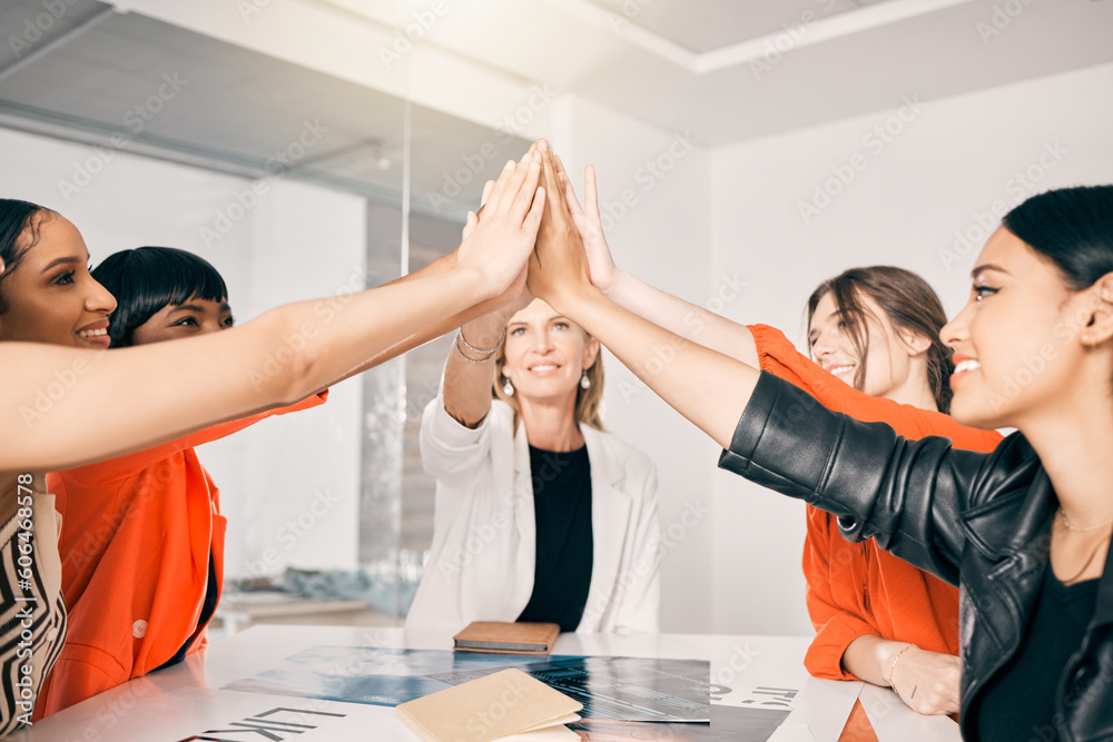 High five, teamwork and business women in meeting celebration, success ...