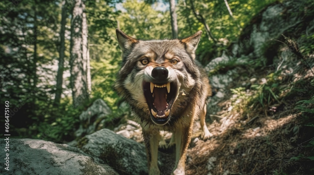 Dangerous wolf grins and roars in the woods near hiking trail. AI ...