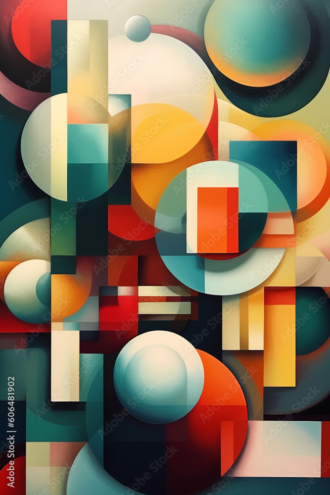 An abstract painting featuring overlapping geometric shapes and subtle ...