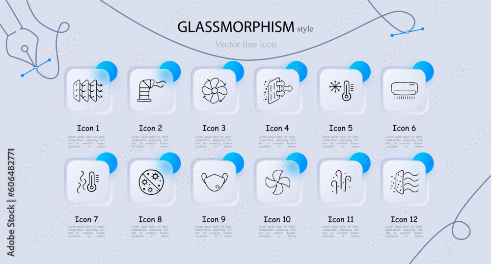 Cooling in hot weather icon set. Refreshing breeze, ice cubes, fans ...