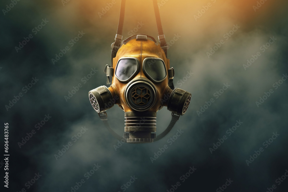 An image of a gas mask suspended in mid-air, with smoke or fog ...