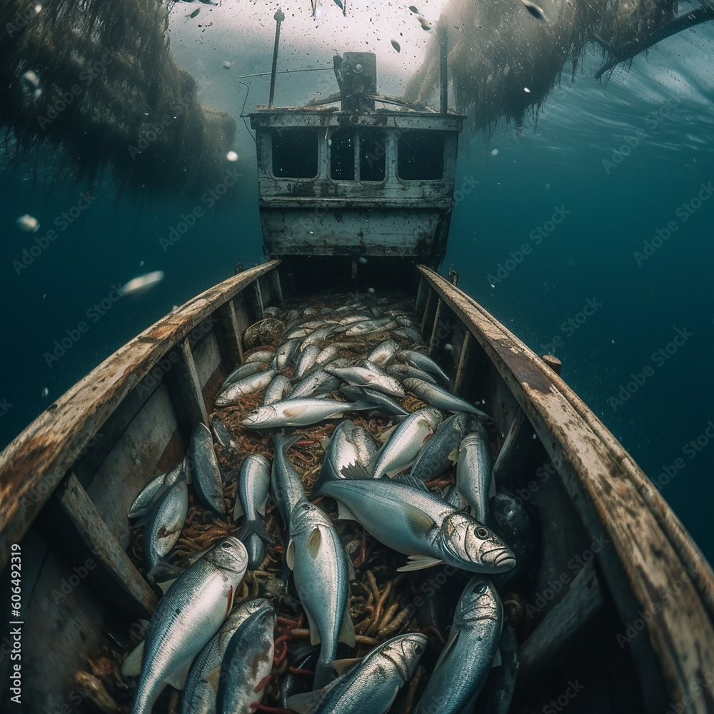Fishing boat full of fish and nets. Fish on deck. AI generation. Stock ...