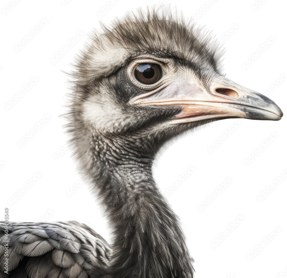 Close up portrait of a baby ostrich head isolated on white or ...