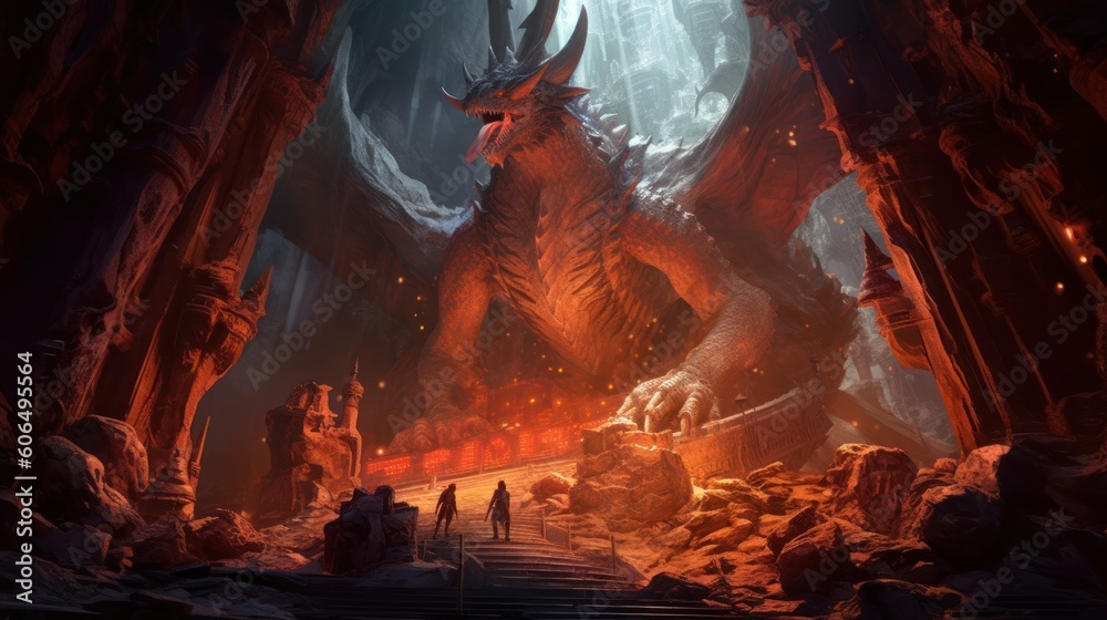 Breathtaking dragon's lair hidden deep within a mountain, featuring ...