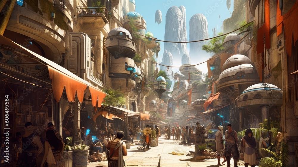 Bustling marketplace on an alien planet, filled with exotic alien ...