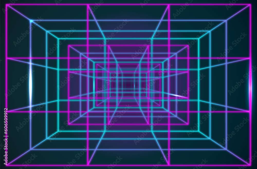Neon 80s styled cube on retro game landscape. Vector glowing box ...