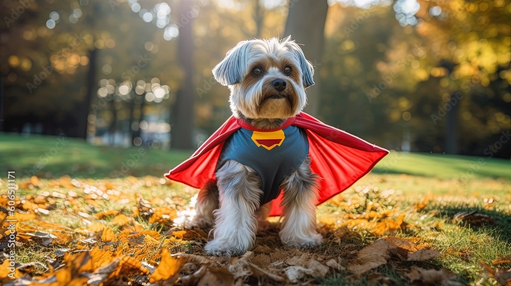 a small dog dressed up as a super hero in a field of leaves and grass ...