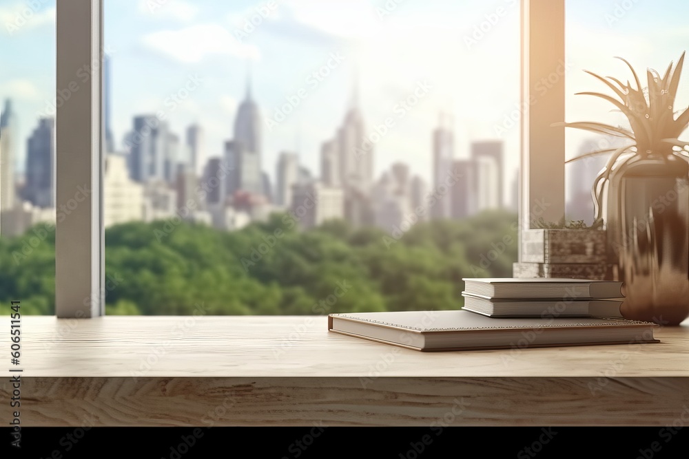 Desk of free space and blurred window background, modern building ...