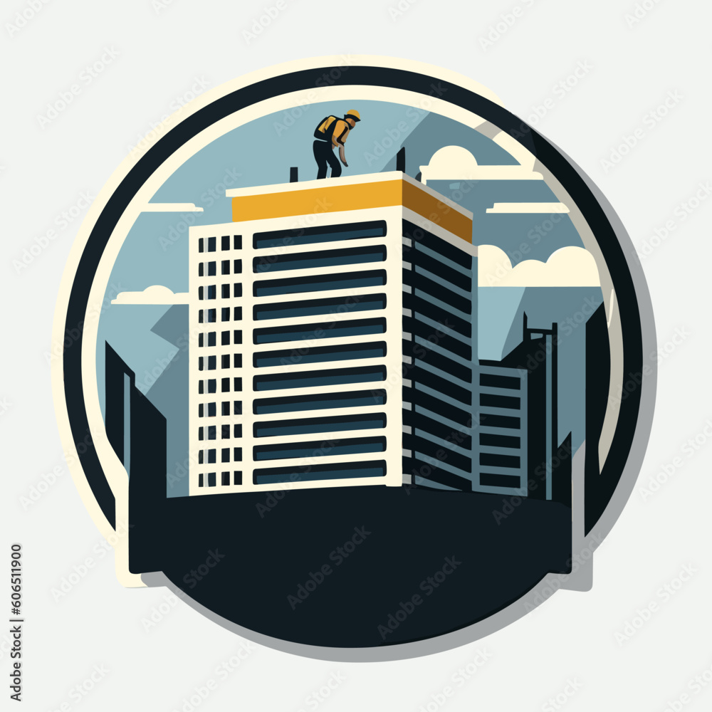 Roof maintenance on a high rise building. Dangerous work at heights on buildings. label, sticker ...