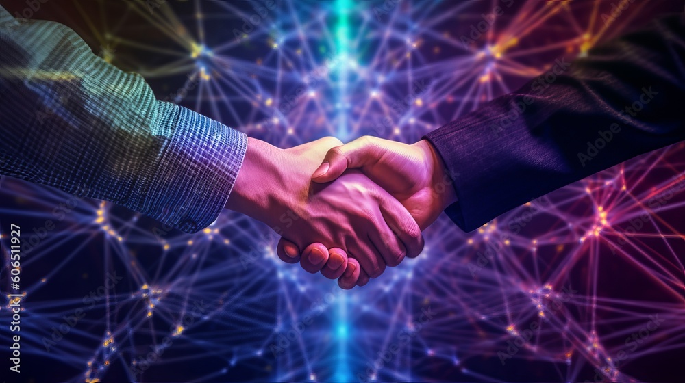 business man shaking hands with effect global network link connection ...
