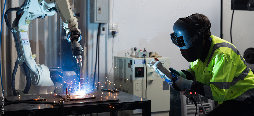 Male engineer working control robot arm system welding with welding ... Male engineer working control robot arm system welding with welding ...