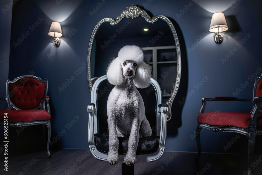 Generative AI illustration of White giant poodle dog sitting in a salon ...