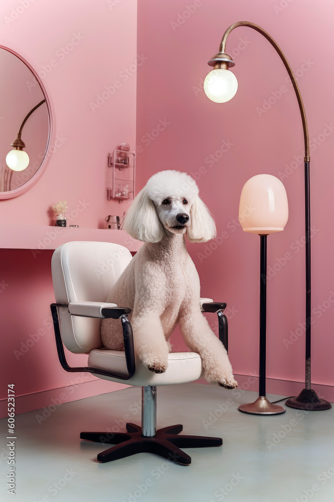 Generative AI illustration of White giant poodle dog sitting in a salon ...