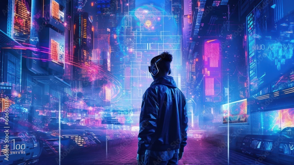 Depict a skilled cyberpunk hacker in a futuristic setting, surrounded ...