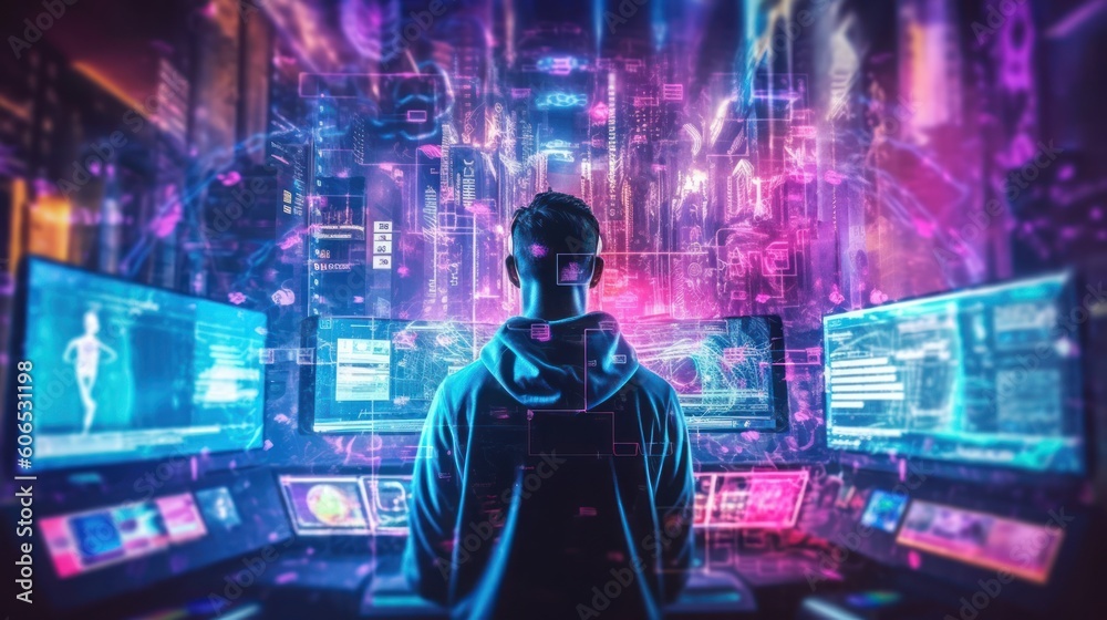 Depict a skilled cyberpunk hacker in a futuristic setting, surrounded ...