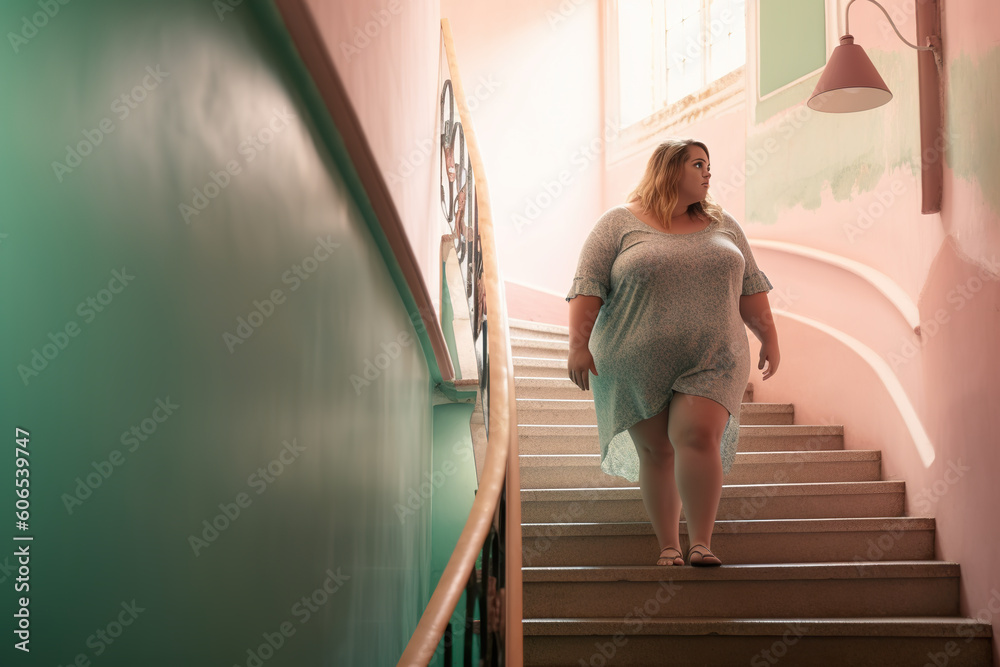 Chubby Plus Size Overweight Woman Walking Down A Flight Of Stairs Generative Ai Illustration Of